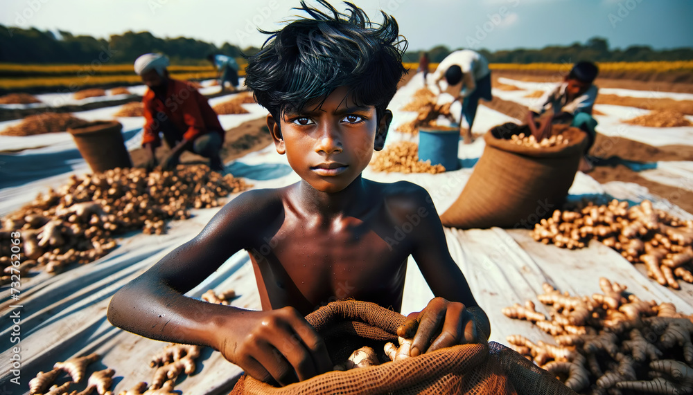 Indian boy working in the agriculture sector harvesting Ginger , Child ...