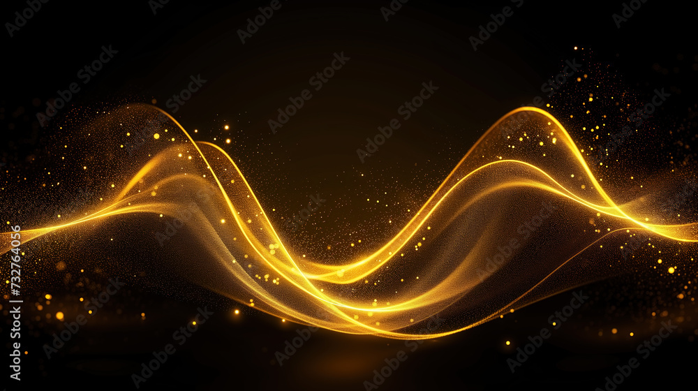 Smooth golden energy waves oscillating and moving through darkness ...
