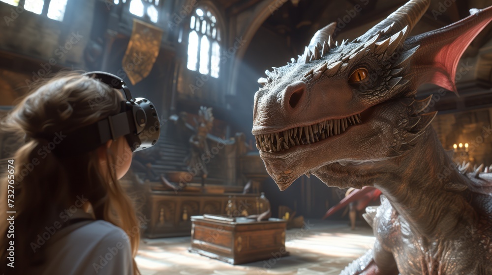 Show a family engaged in a VR game, battling dragons and solving ...