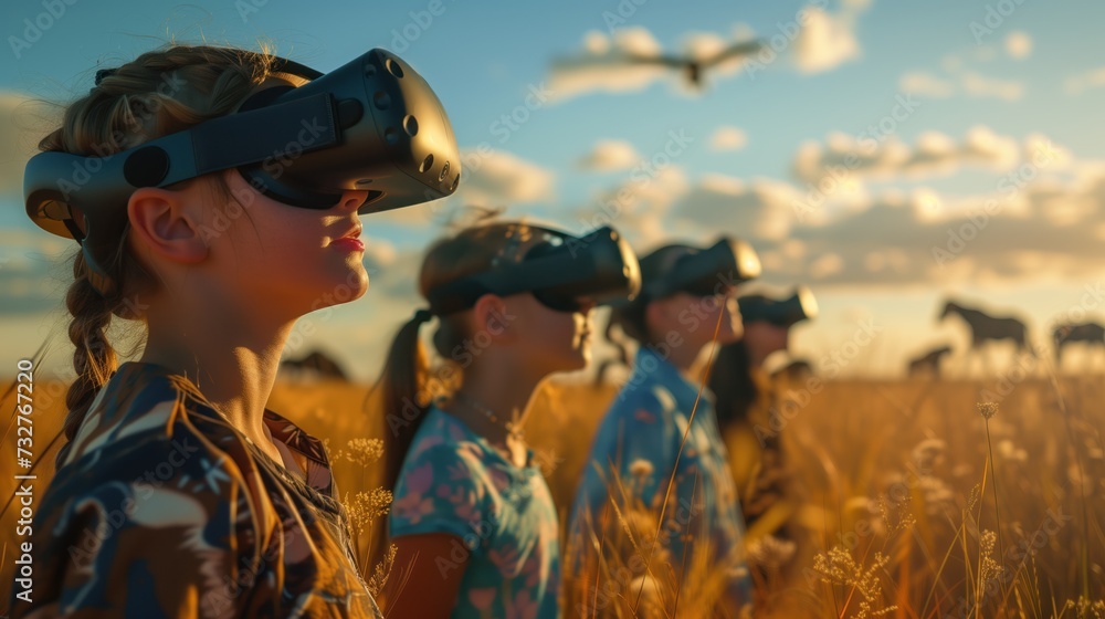 VR Wildlife Safari: Illustrate a family on a VR safari, encountering ...