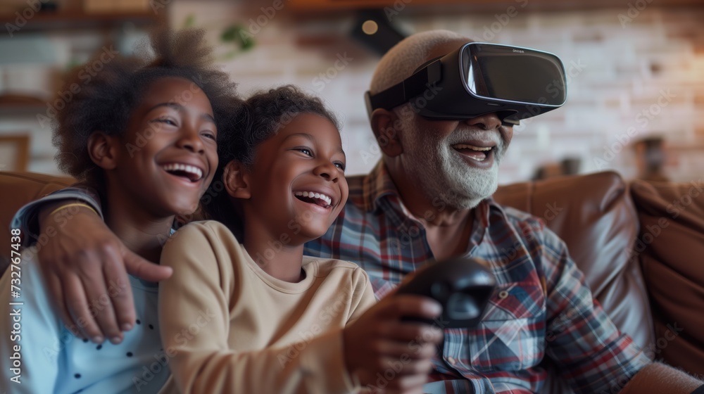Multi-generational family laughing and playing VR games together ...