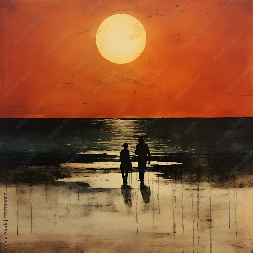 Deep Colors of Love: Hand in Hand Beach Walk at Sunset - Oil Painting ...