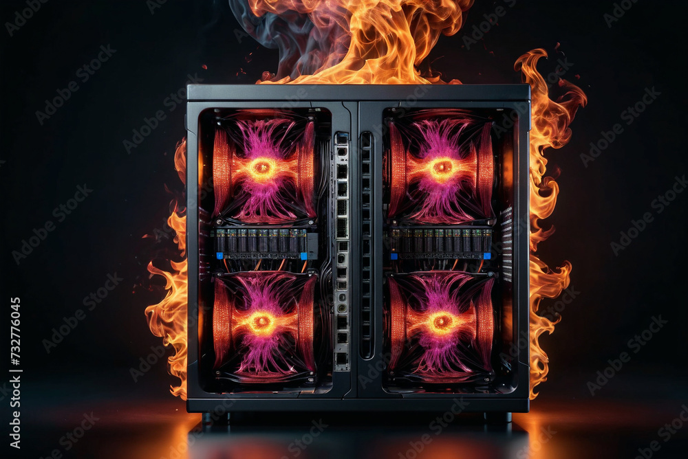 concept of a quantum computer server rack on fire due to high demand of ...
