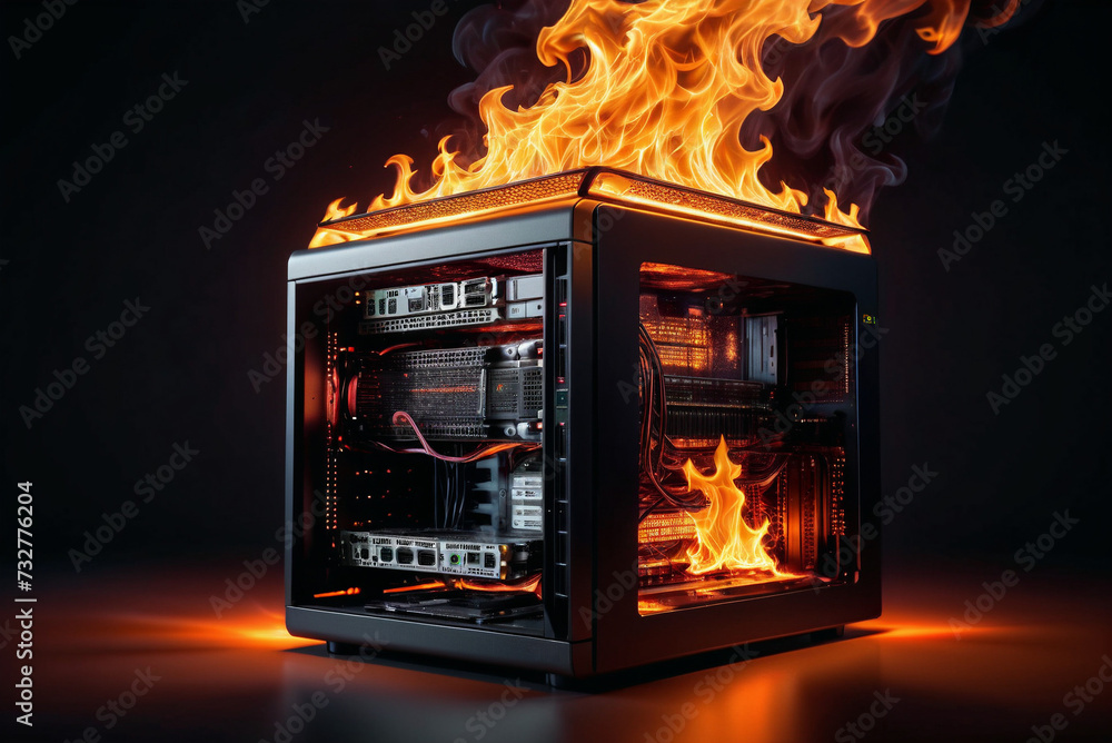 server rack on fire due to high demand of generative AI generation and ...