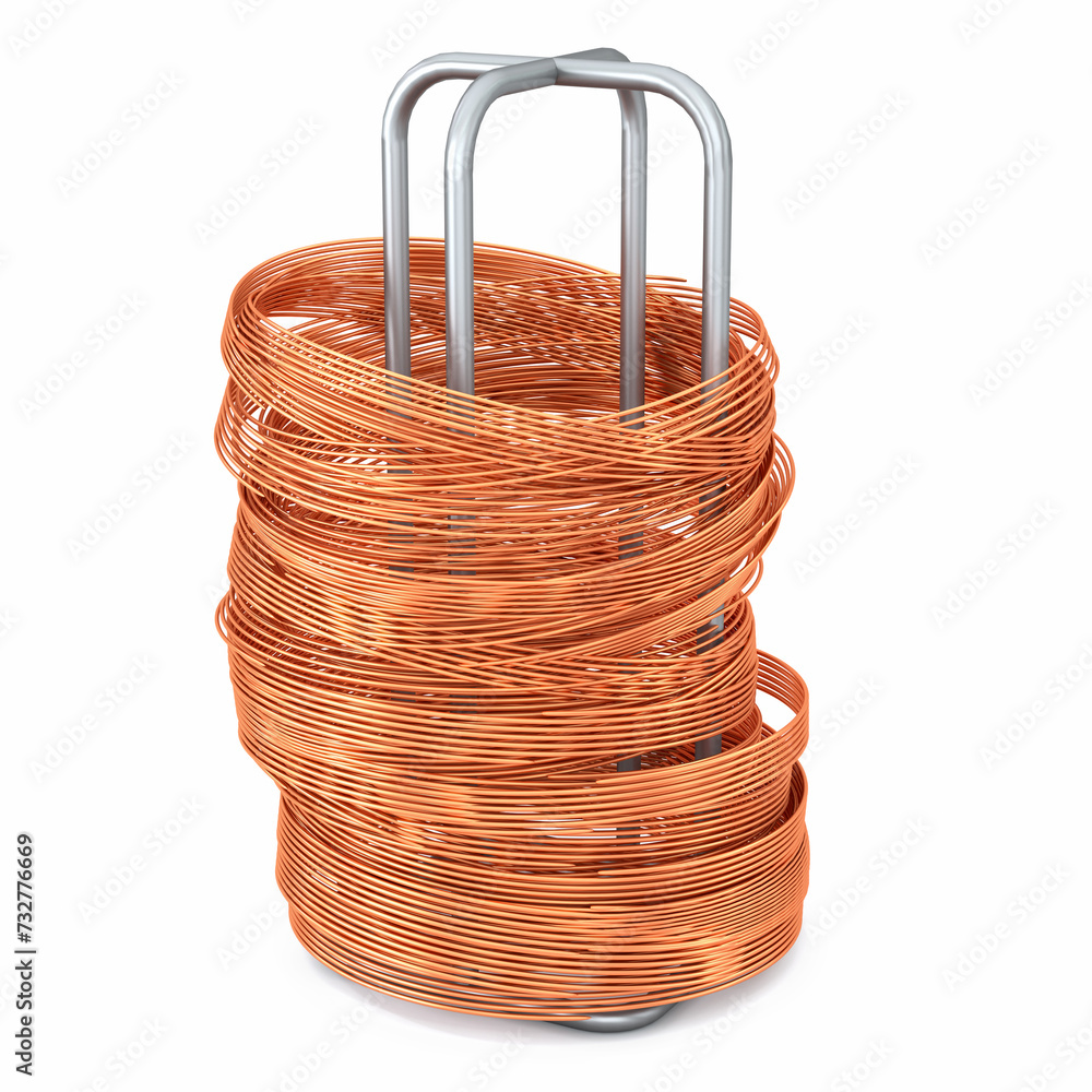Industrial coil of copper wire rod on a white background. 3d ...