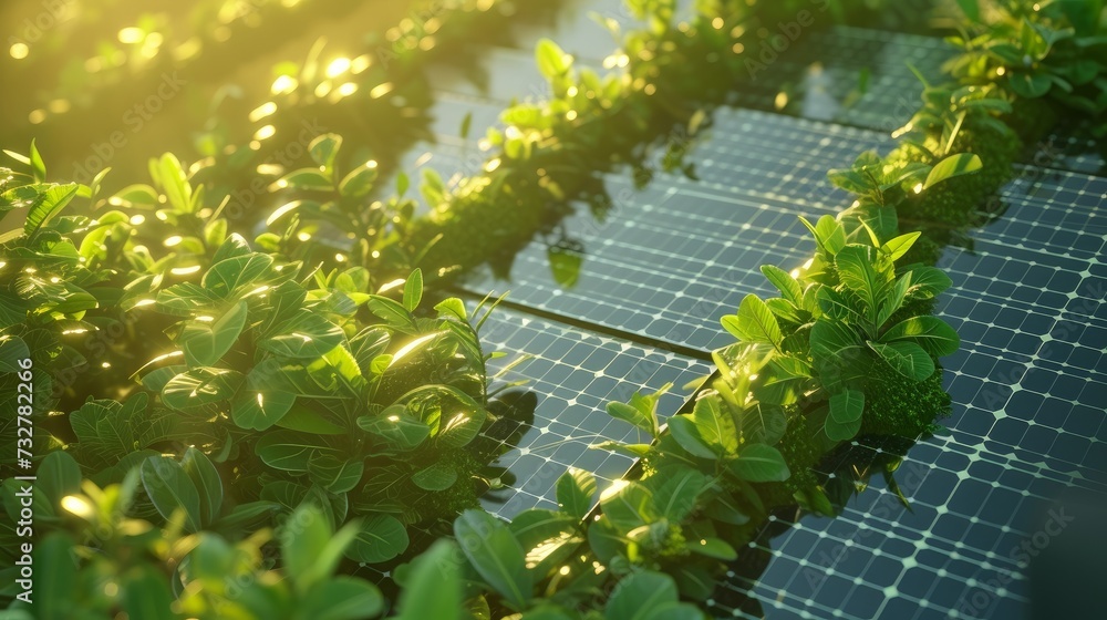 Solar panels, adorned with lush green vegetation, are depicted in a 3D ...