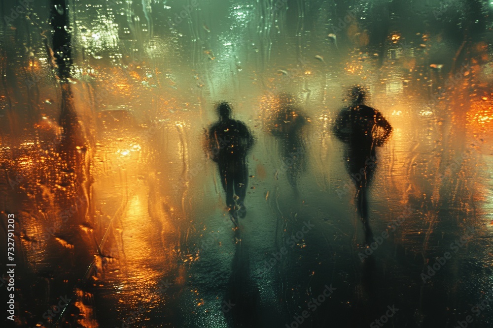 A group of drenched figures race through the rain-drenched night, their ...
