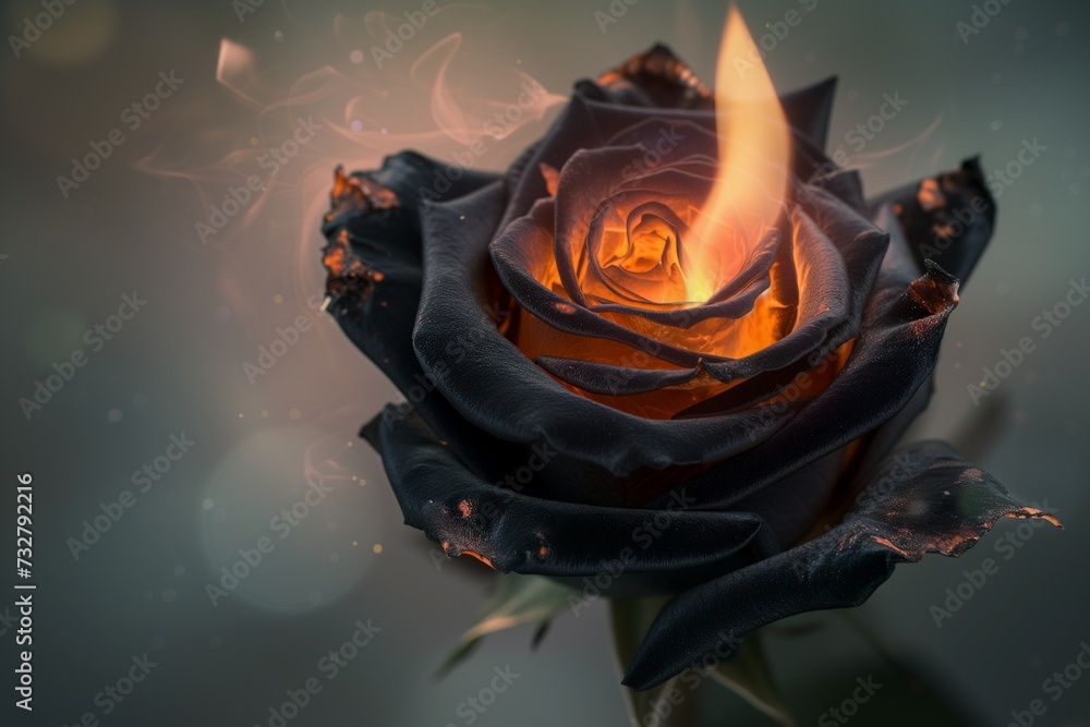 A close-up of a black rose with its petals gently kissed by flames, set ...