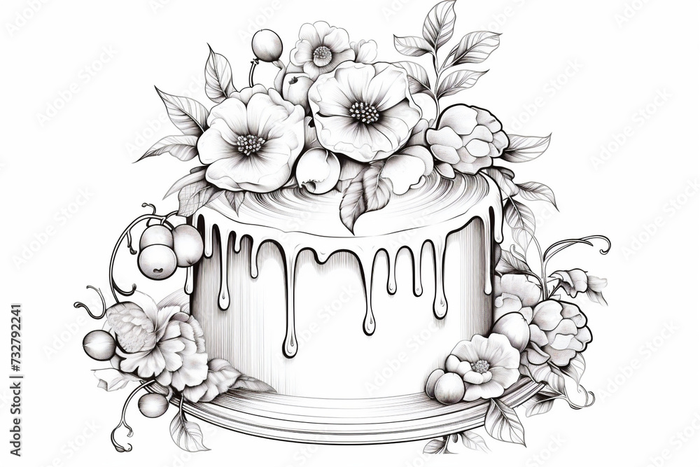 A sketch of a cake dripping with icing, flowers and berries, indicative ...