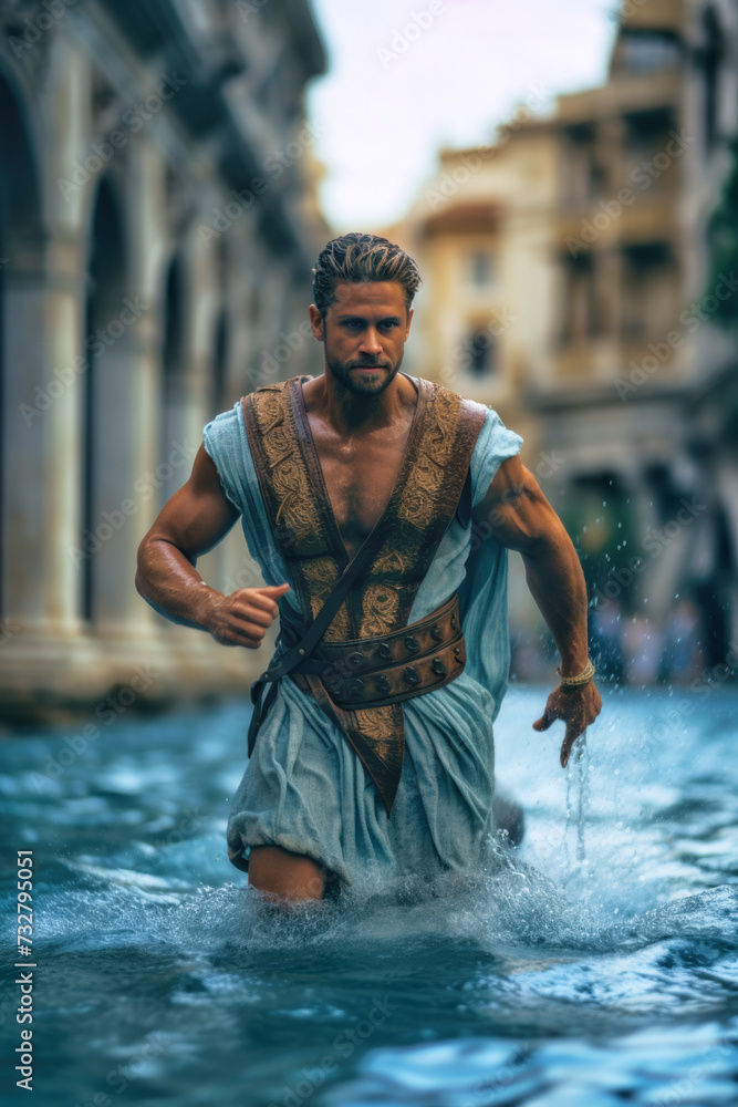 man, running, away, half sunken, ancient city, Atlantis, escape ...
