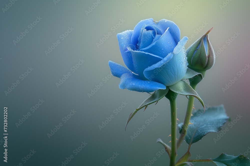 A solitary blue rose, its petals unfurling gracefully, covered in fresh ...