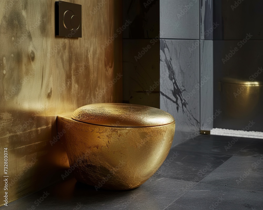 A gold toilet shines in its extravagance, representing luxury and ...