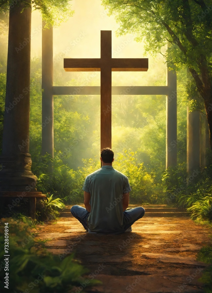 Devout Christian man kneeling in prayer before the cross. Stock Photo ...