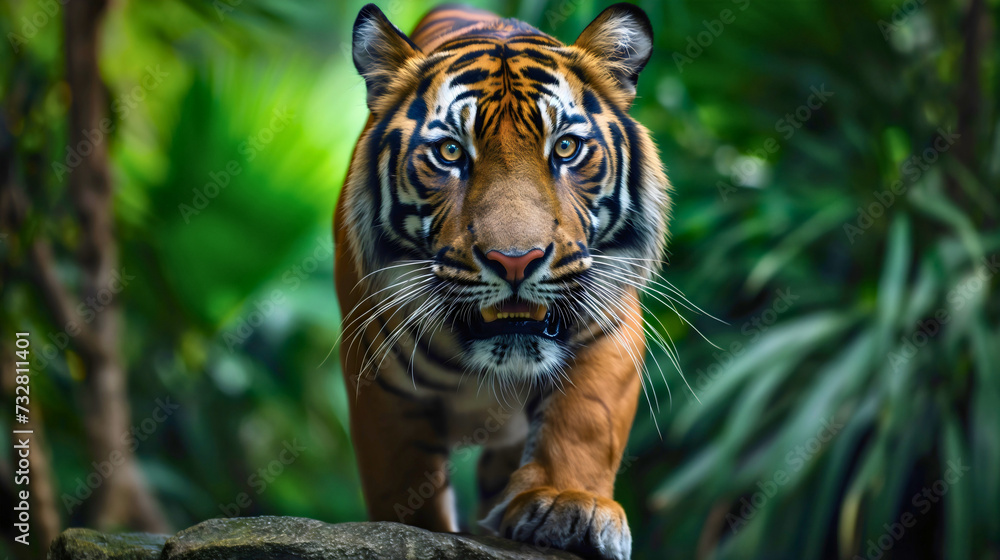 Closeup portrait of a wild Bengal tiger staring at the camera, standing ...