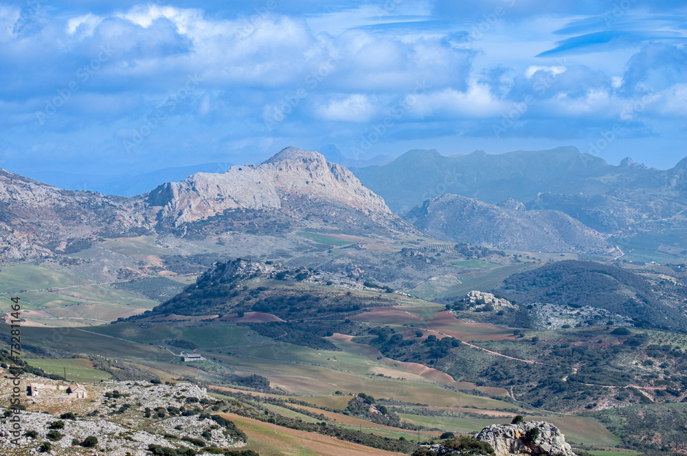Panoramic view from road to Antequerra National Park, limestone rock ...