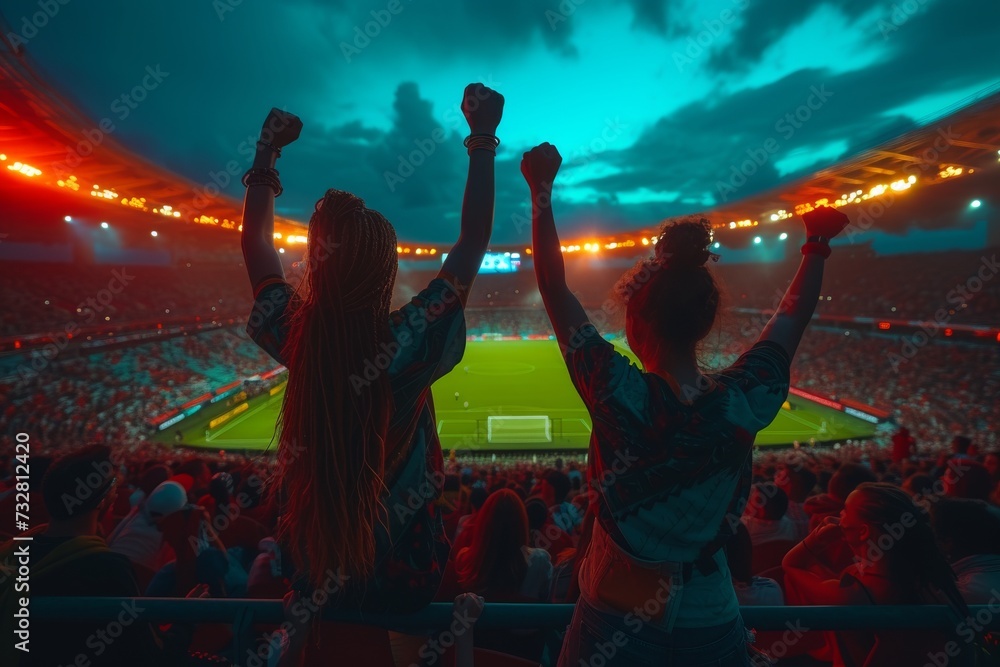 A crowd of passionate fans fill the outdoor stadium, their arms ...