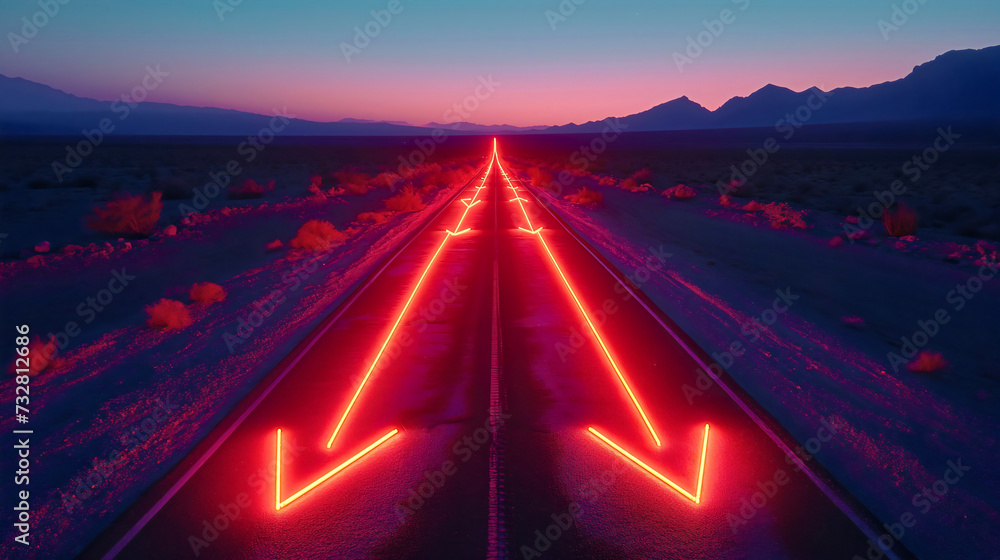 Red neon glowing arrows on the asphalt road passing through the desert ...