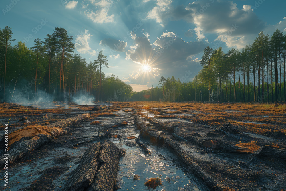 The sharp contrast between an untouched, pristine forest and a clear ...