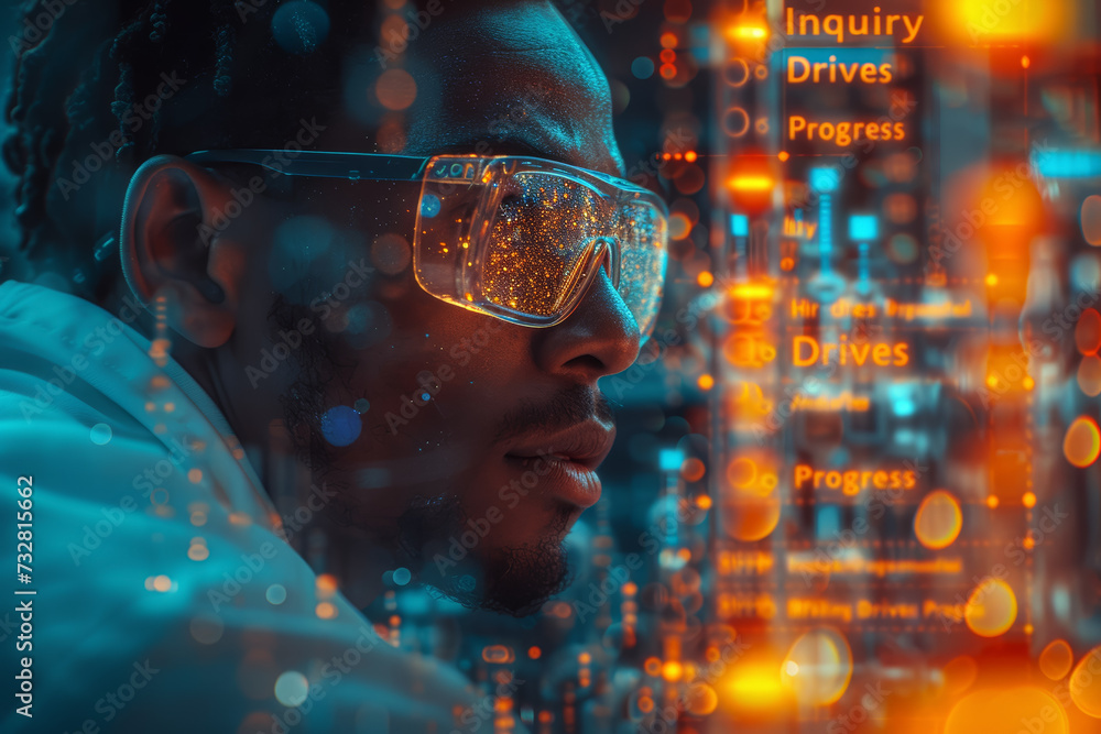 A scientist with a large text that reads "Inquiry Drives Progress ...