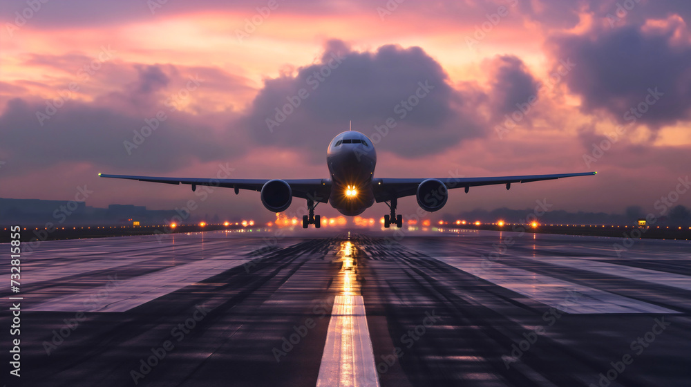 Airplane departure from the ground, flying up in the air on an airport ...