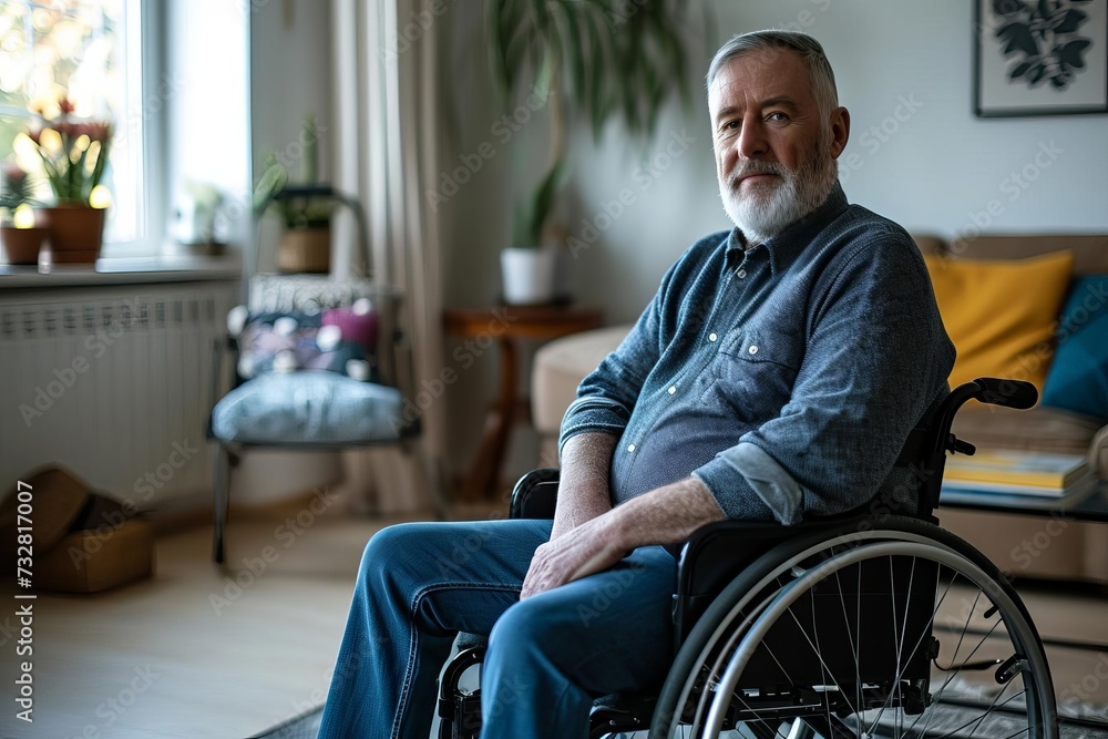 Mid-aged man adapting to life in a wheelchair. working from home ...