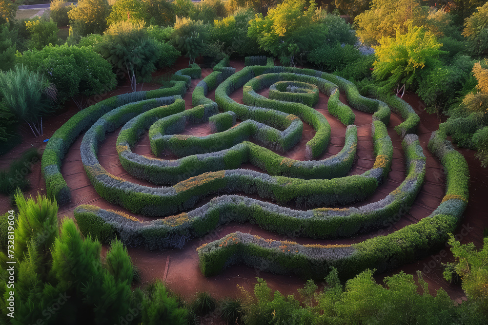 An aerial shot of a maze garden, with the intricate paths creating an ...