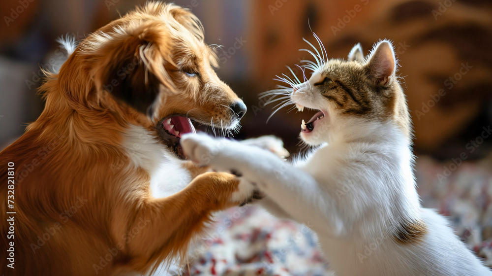 Side view of the domestic pets, cat and dog fighting in home room ...