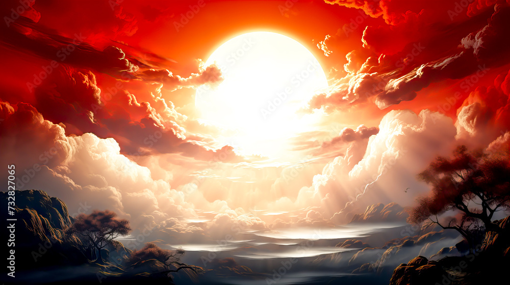 Fantasy landscape with red sky and sun. Fantasy landscape with red sky ...