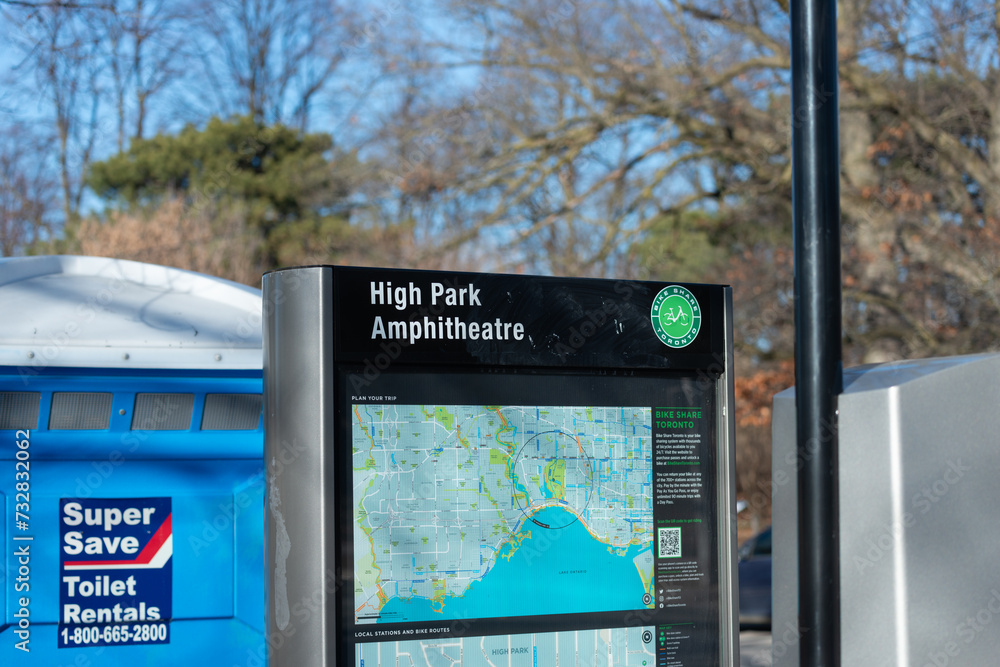 city of Toronto bike share kiosk with map located in High Park near the ...
