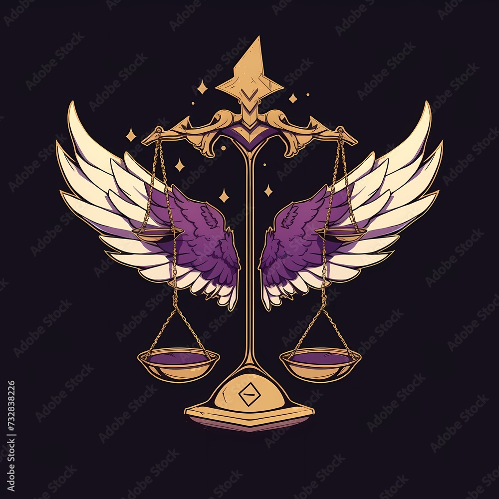 Elegant Golden Scales of Justice with Purple Angel Wings on Dark ...