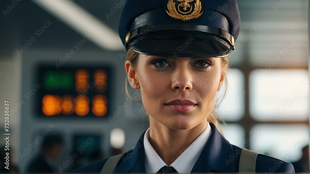 Portrait of a beautiful female flight captain pilot on uniform in ...