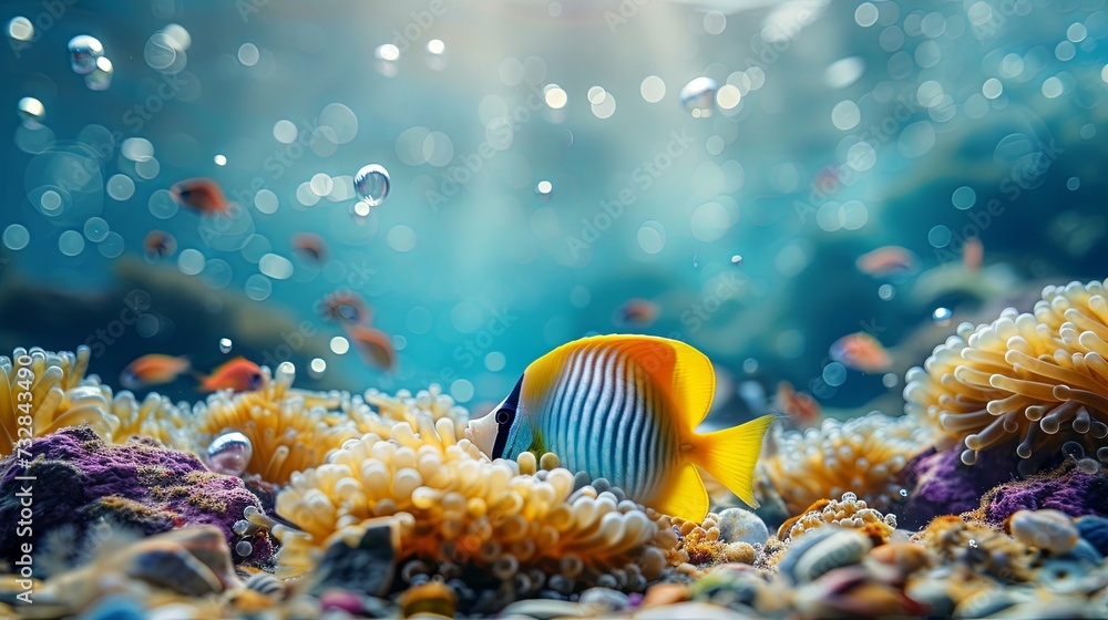 Sea bottom ecosystem with corals and fish wallpaper background Stock ...