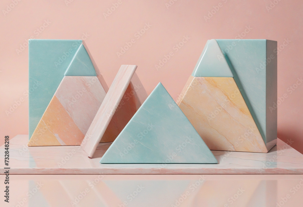 "Abstract geometric shapes, including pyramids and cubes, stand on a ...