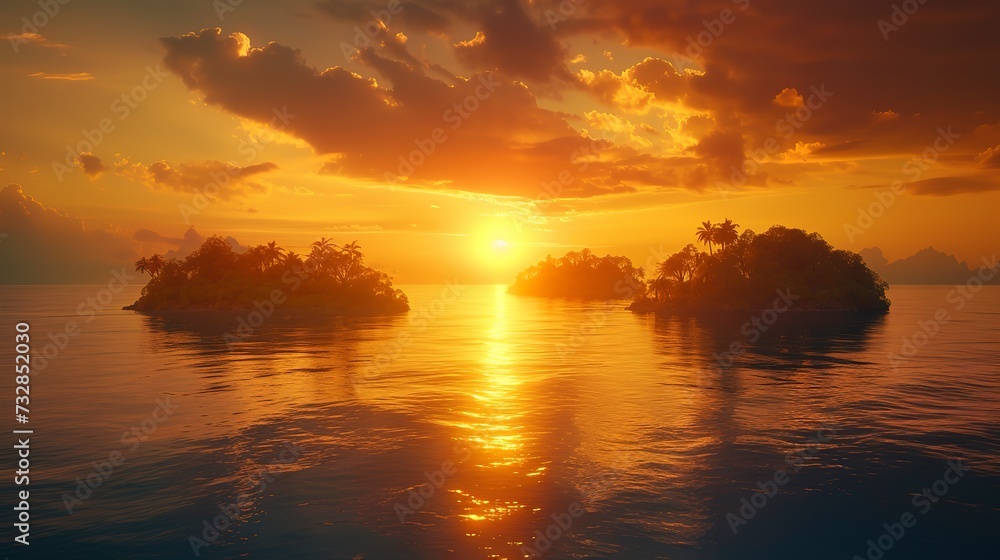 Sunset casting golden light over a chain of islands, their shadows long ...