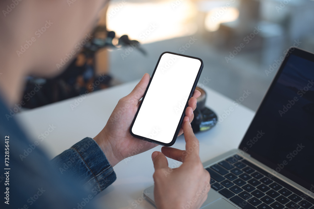 Cell phone white screen mockup, Woman hand holding mobile phone with ...
