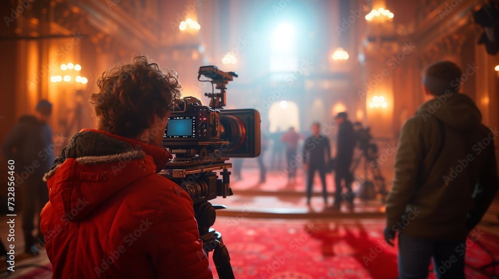 Film crew at work on a movie set. Director, actors, and crew members ...