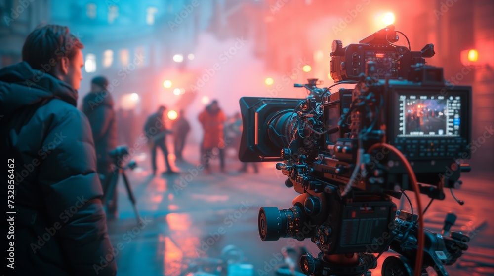 Film crew at work on a movie set. Director, actors, and crew members ...