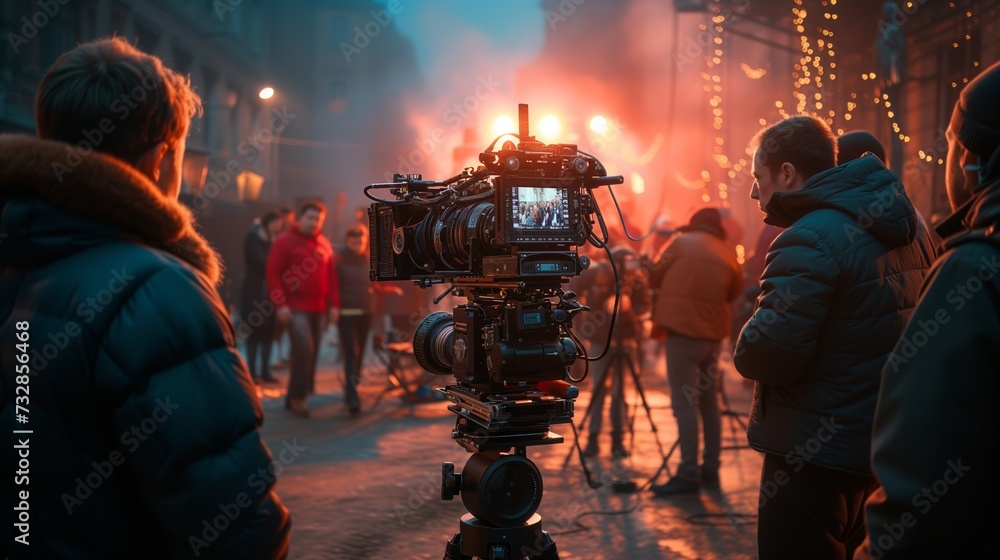 Film crew at work on a movie set. Director, actors, and crew members ...