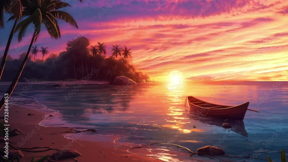 Animated illustration of a lifeboat and sunset on the beach in the ...