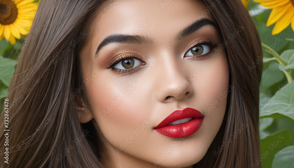 Exquisite young woman with captivating lips, flowing hair, and deep ...