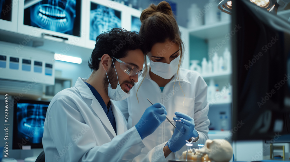 Dentist and Dental Technician Examining Skeleton in Lab Stock Photo ...