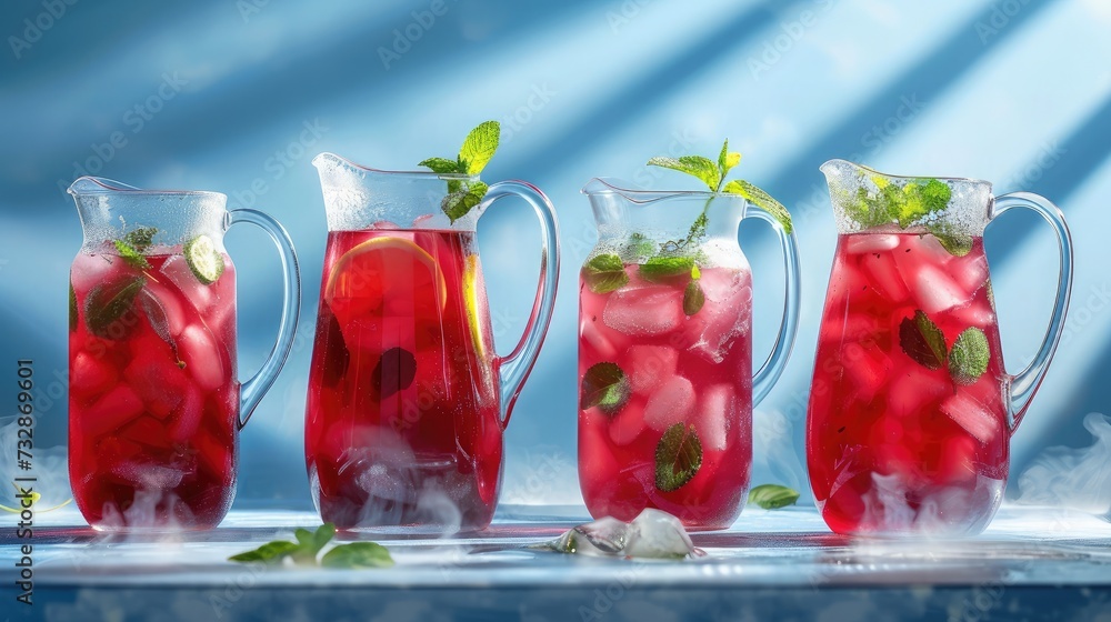 Collection of misted jugs with iced hibiscus lemon tea also known as ...