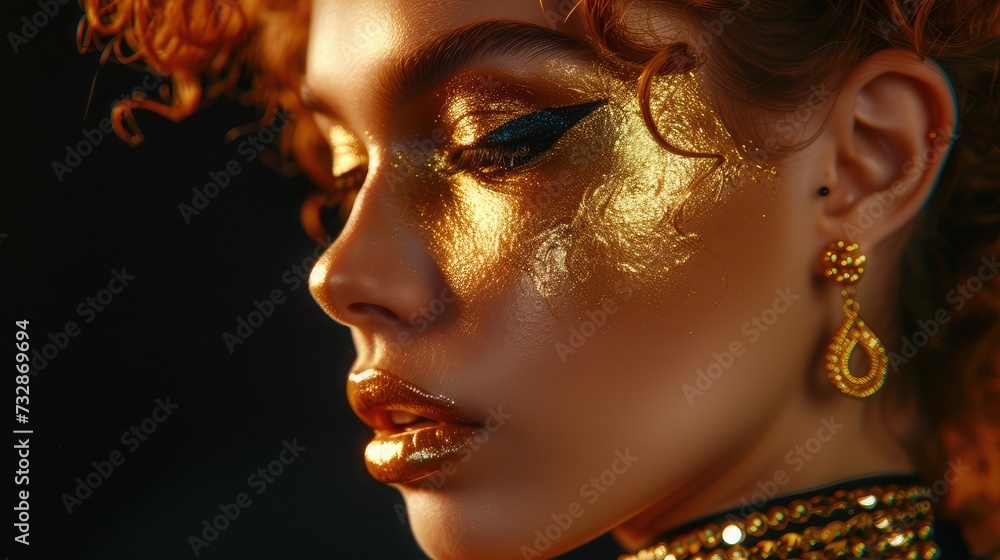 Gold Woman skin. Beauty fashion model girl with Golden make up, hair ...