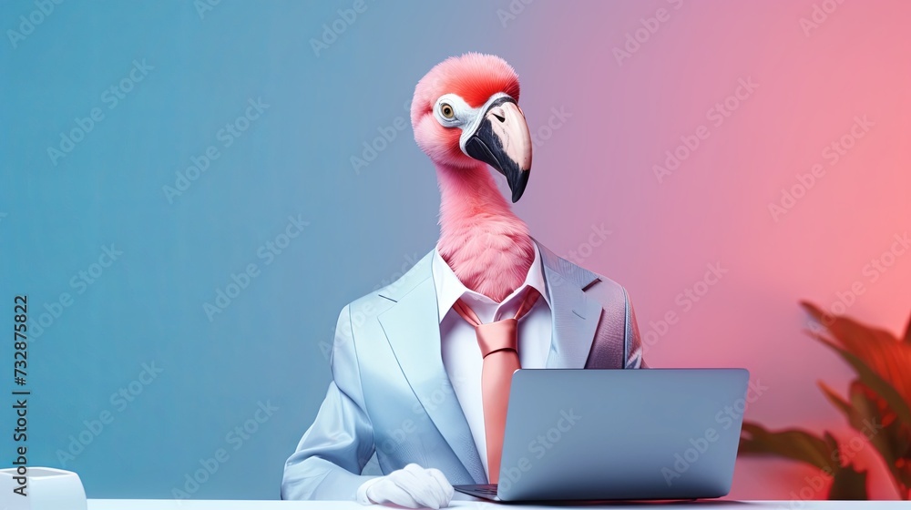 Flamingo bird in suit using a laptop while working on bright pastel ...