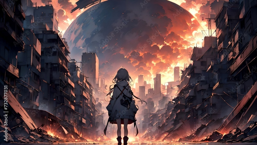 Anime girl against the backdrop of the apocalypse, anime wallpaper ...