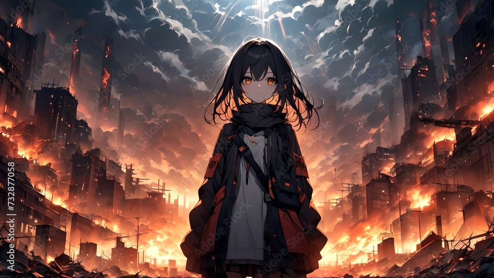 Sad anime girl against the backdrop of the apocalypse, anime wallpaper ...