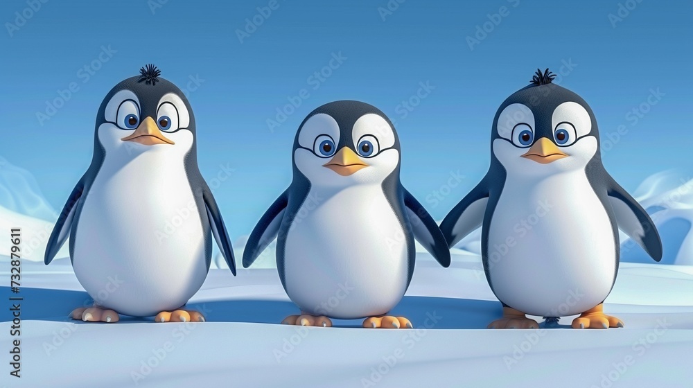 Cartoon illustration of three happy little penguins playing on the ice ...