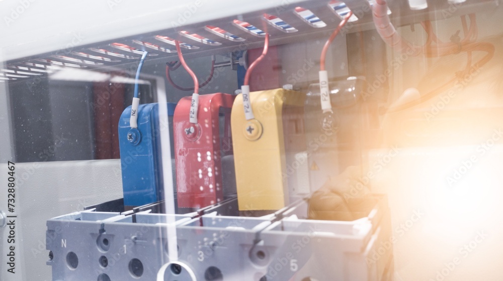 copper busbars in electrical power distribution cabinet for main panel ...