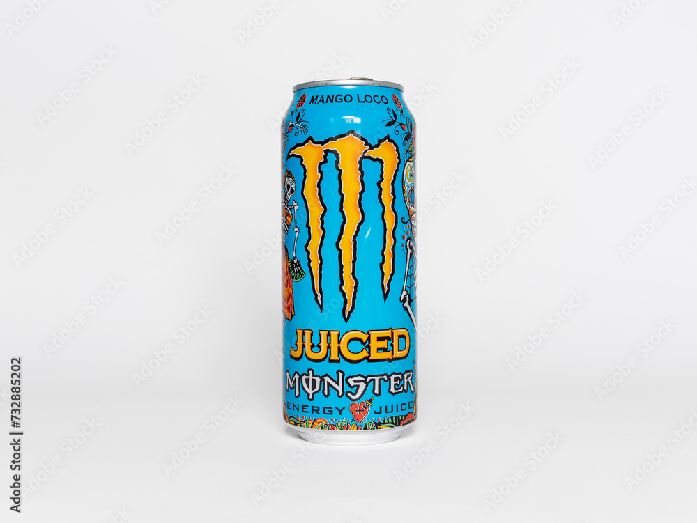 DRESDEN, GERMANY - 10. April 2023: Monster Energy Mango Loco beverage ...
