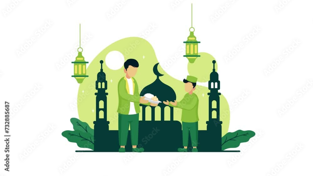 Animated man giving food to young boy. Ramadan kareem activities ...